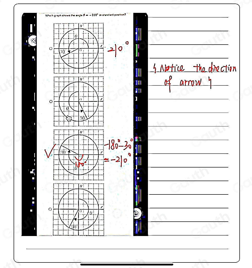 Solved: Which graph shows the angle θ =-210° in standard position? 。 [Math]