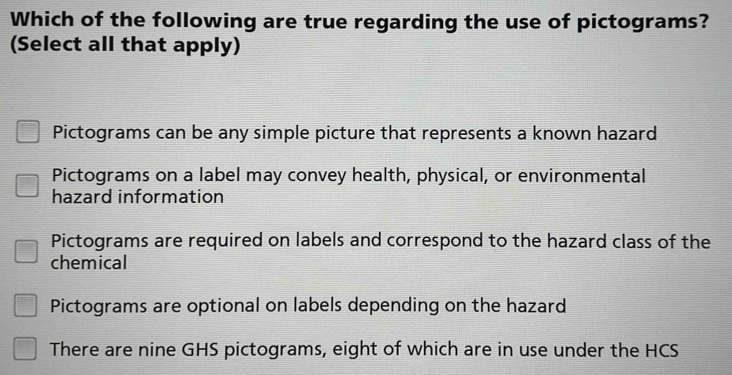 Solved: Which of the following are true regarding the use of pictograms ...