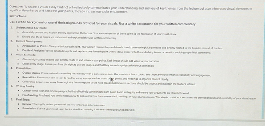 Solved: Objective: To create a visual essay that not only effectively ...