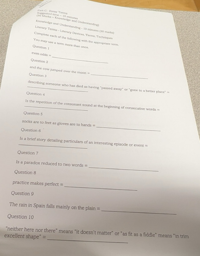 Solved: Essay Terms Suggested time - 10 minutes (30 Marks - Knowledge ...