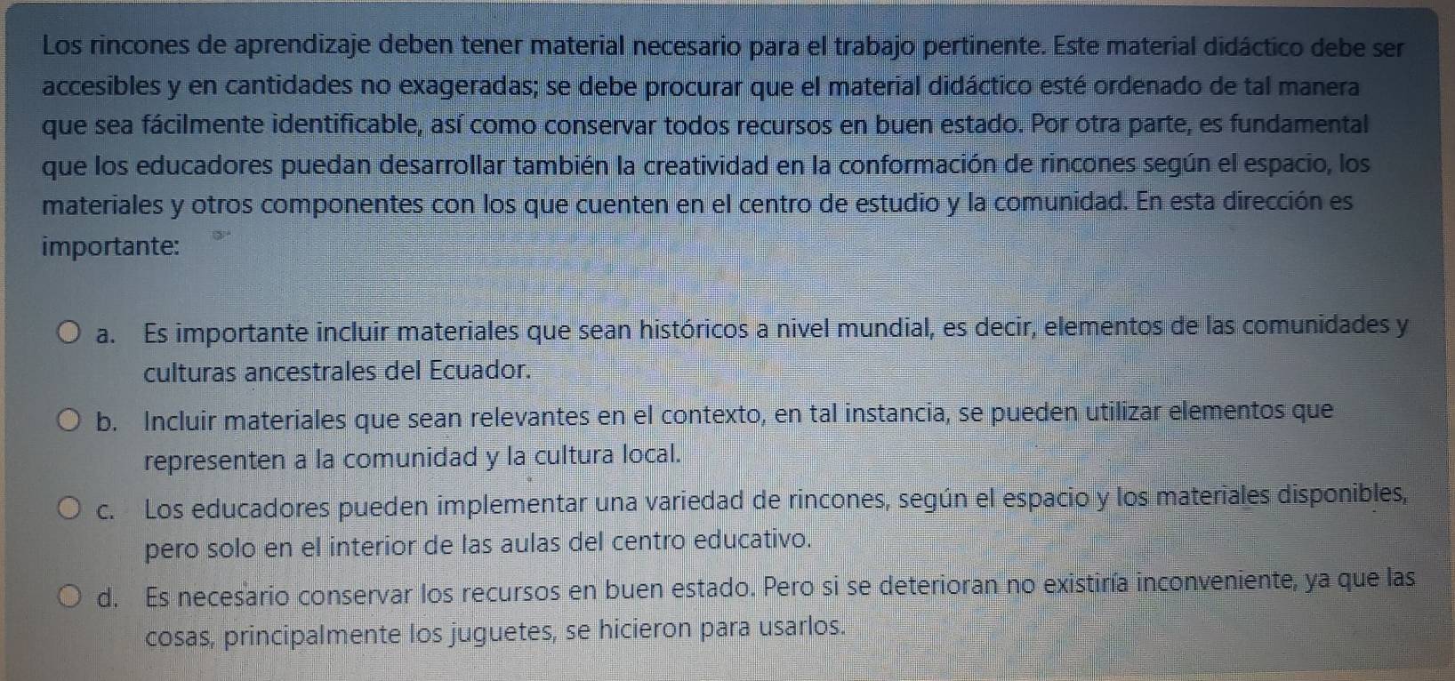 Resuelto:Los rincones de aprendizaje deben tener material necesario ...