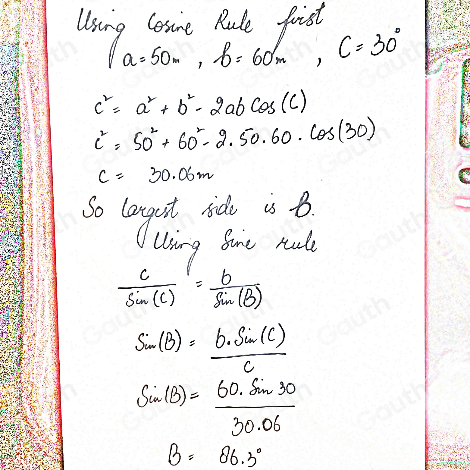 Solved: Two sides of a triangle are 50 m. and 60 m. long. The angle ...