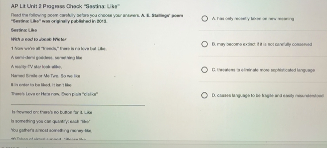 Solved: AP Lit Unit 2 Progress Check “Sestina: Like” Read the following ...