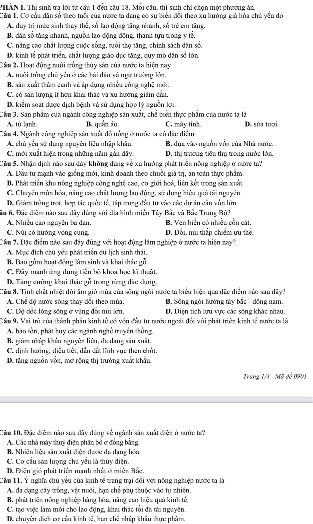 Giải quyết:PHÀN I. Thí sinh trả lời từ câu 1 đến câu 18. Mỗi câu, thí sinh chỉ chọn một phương ...