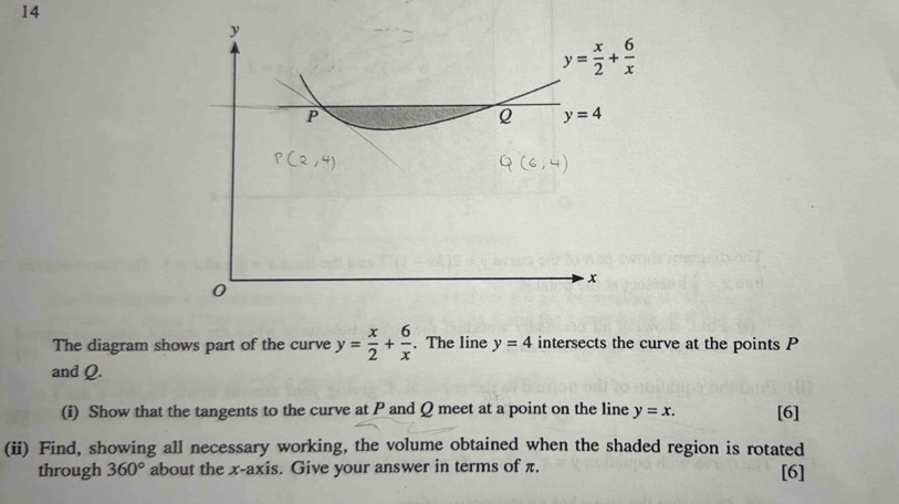Solved: The diagram shows part of the curve y= x/2 + 6/x . The line y=4 intersects the curve at ...