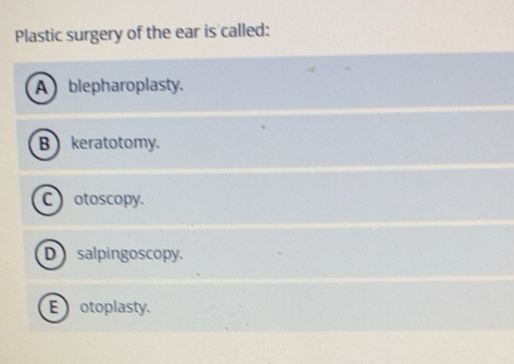 Solved: Plastic surgery of the ear is called: A blepharoplasty. B ...