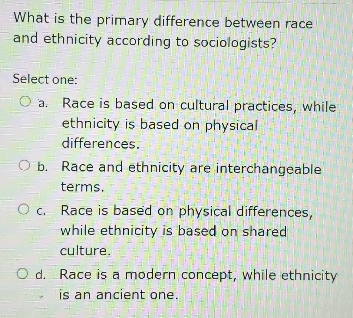 Solved: What is the primary difference between race and ethnicity ...