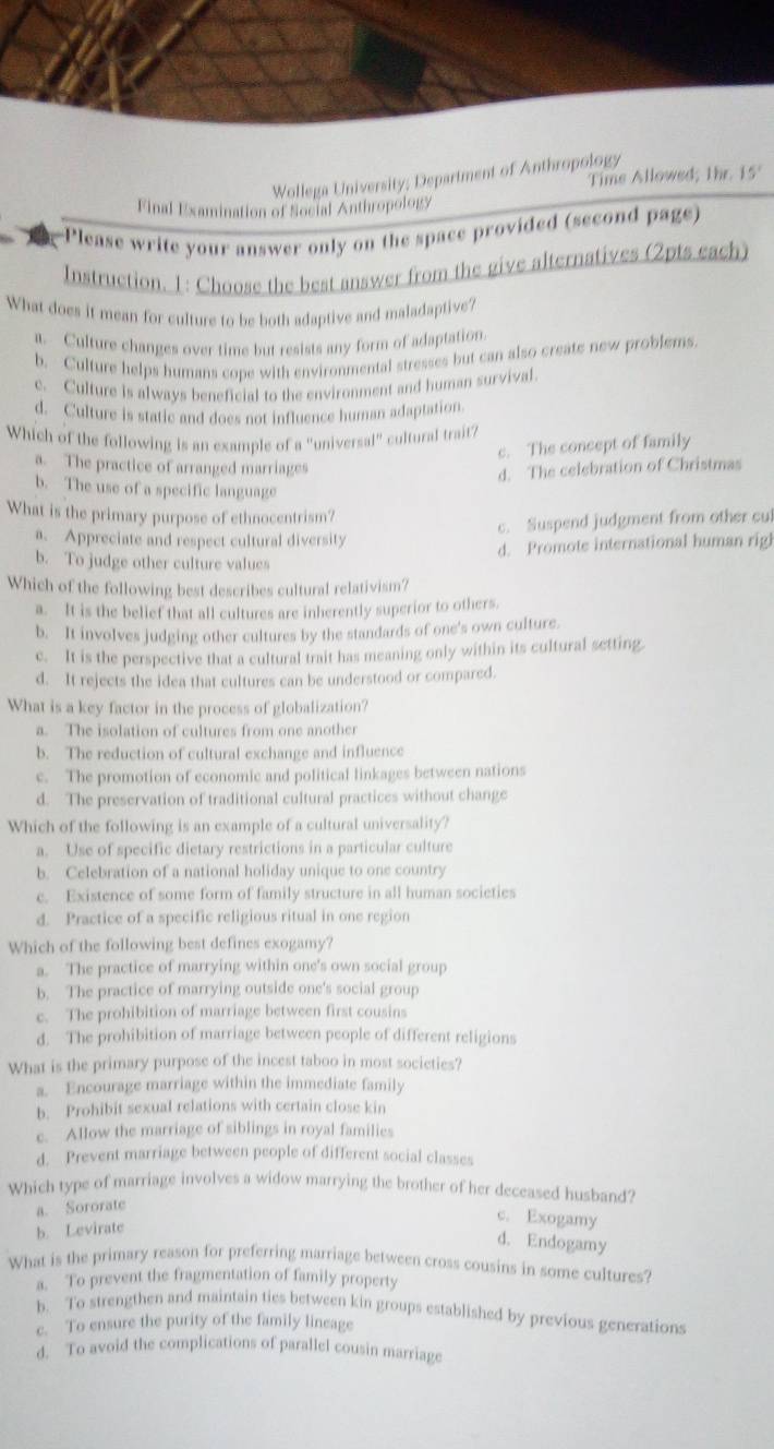 Solved: Wollega University; Department of Anthropology Time Allowed ...