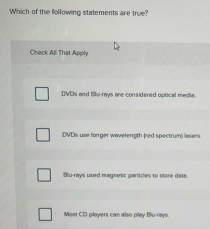 Solved: Which of the following statements are true? Check All That Apply DVDs and Blu-rays are ...