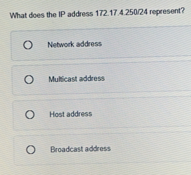 Solved: What does the IP address 172.17.4.250/24 represent? Network ...
