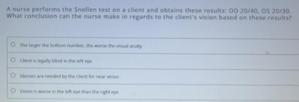 Solved: A nurse performs the Snellen test on a client and obtains these ...