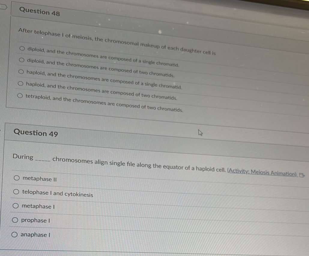 Solved: After telophase I of meiosis, the chromosomal makeup of each ...