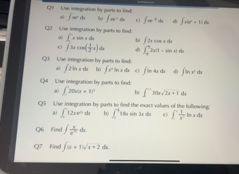 Solved: edulinkone.com Q1 Use integration by parts to find: a) ∈t xe ...