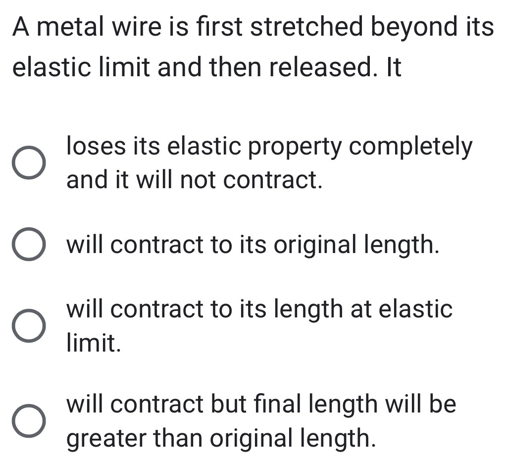 Solved: A metal wire is first stretched beyond its elastic limit and ...