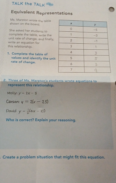 Solved: TALK the TALK Equivalent Representations Ms. Marston wrote the ...