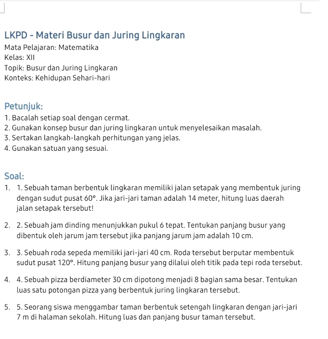 Telah dijawab:LKPD - Materi Busur dan Juring Lingkaran Mata Pelajaran ...