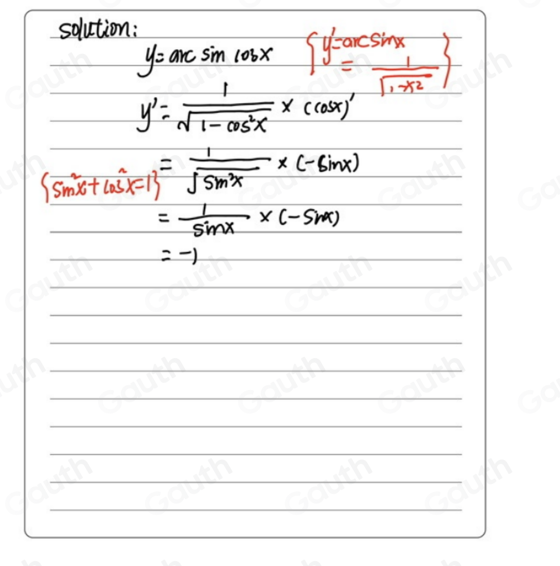 Solved: find y' if y=arcsin (cos x) [Calculus]
