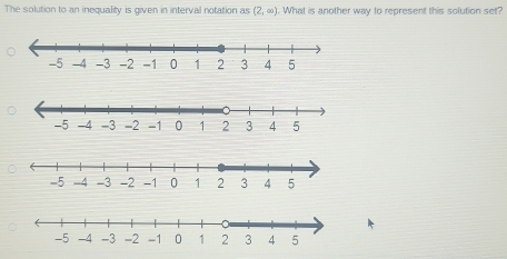 Solved: The solution to an inequality is given in interval notation as (2,∈fty ). What is ...