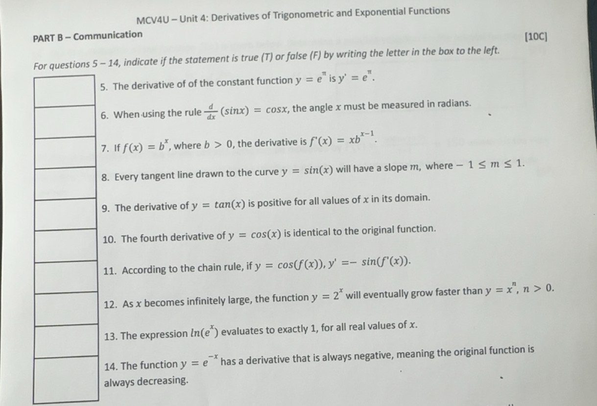 Solved: MCV4U - Unit 4: Derivatives of Trigonometric and Exponential ...