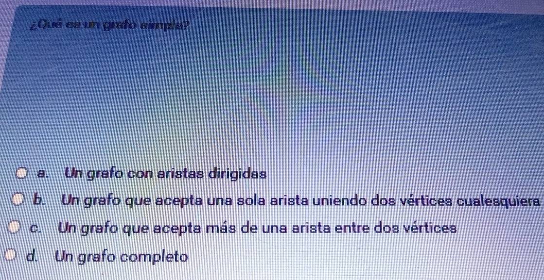 Resuelto:¿Qué ea un grafo aimple? a. Un grafo con aristas dirigidas b ...