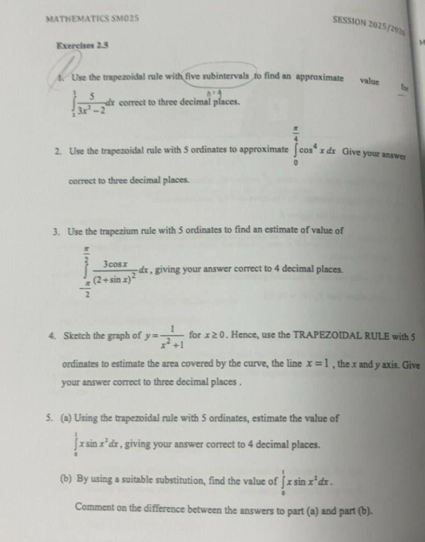 Selesai:MATHEMATICS SMO2S SESSION 2025/2026 Exercises 2.5 M 1.Use the ...