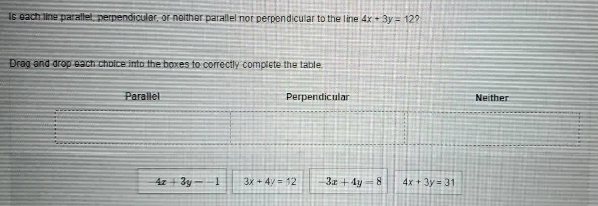 Solved: Is each line parallel, perpendicular, or neither parallel nor ...