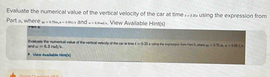 Solved: Evaluate the numerical value of the vertical velocity of the car at time t=0.25s using ...