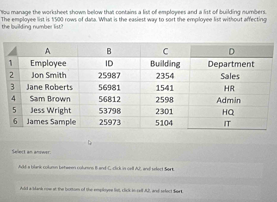 Solved: You manage the worksheet shown below that contains a list of employees and a list of ...