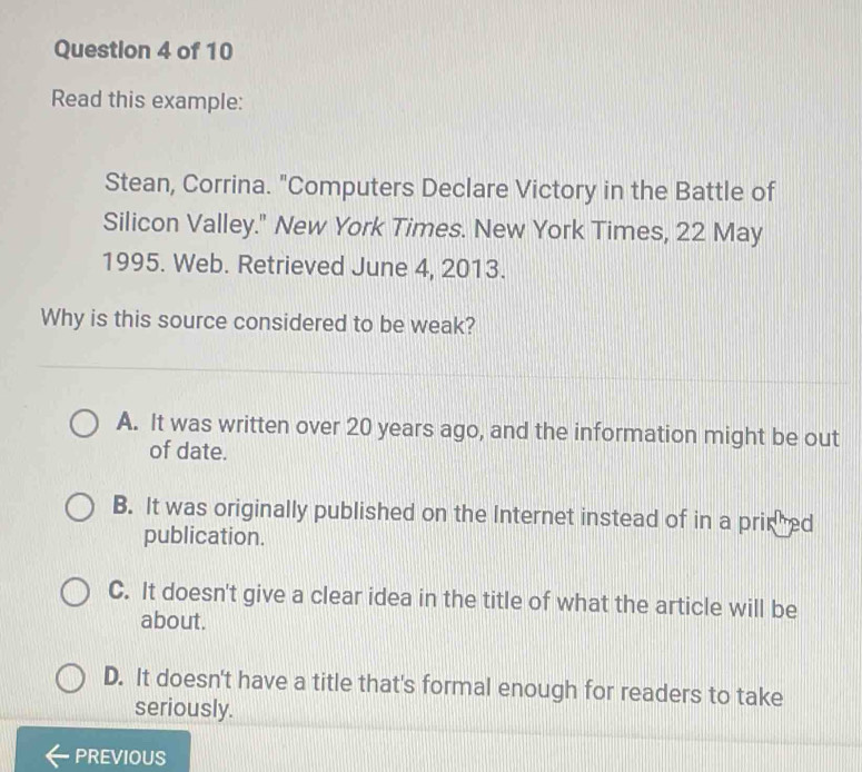 Solved: Read this example: Stean, Corrina. "Computers Declare Victory ...