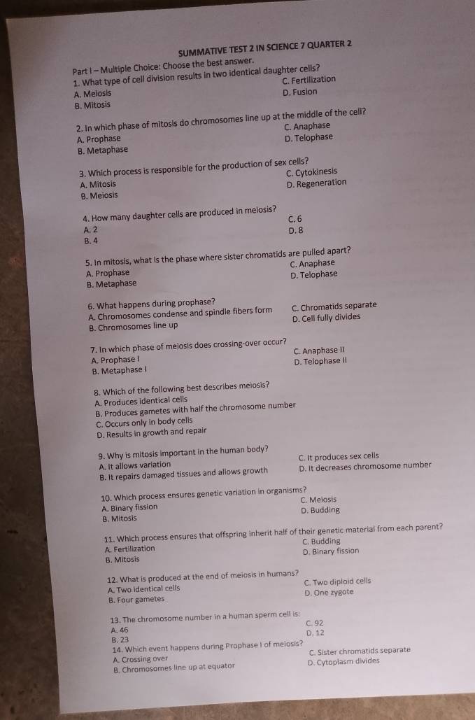 Solved: SUMMATIVE TEST 2 IN SCIENCE 7 QUARTER 2 Part I - Multiple ...