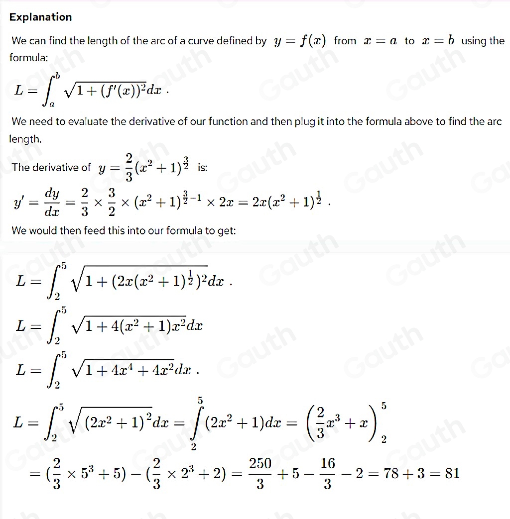 Solved: Find the arc length of the graph of y= 2/3 (x^2+1)^ 3/2 on the ...