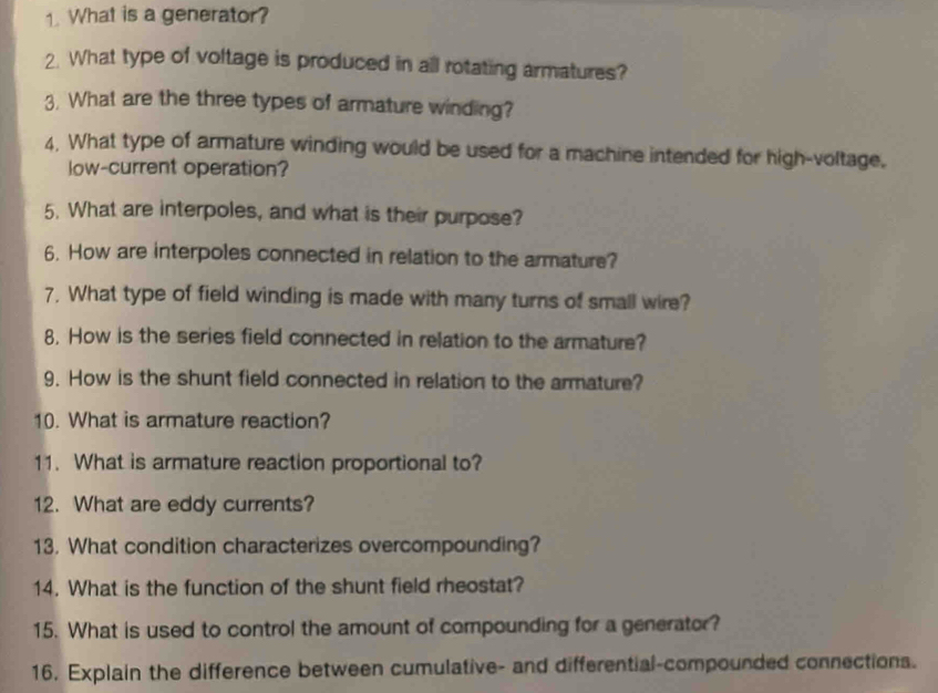 Solved: What is a generator? 2. What type of voltage is produced in all ...