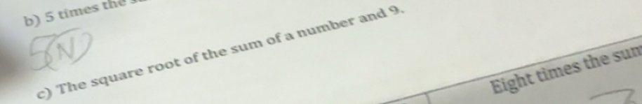 Solved: 5 times the c) The square root of the sum of a number and 9 ...