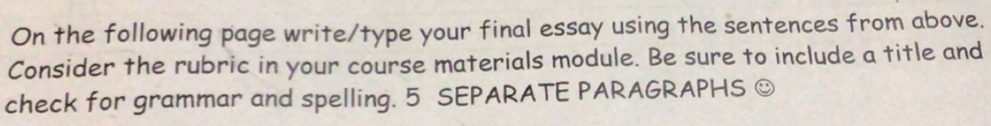 Solved: On the following page write/type your final essay using the ...