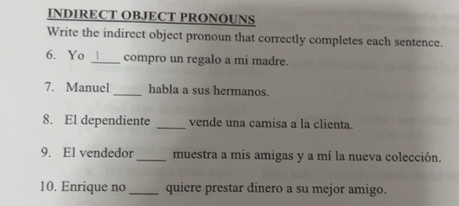 Solved: INDIRECT OBJECT PRONOUNS Write the indirect object pronoun that ...