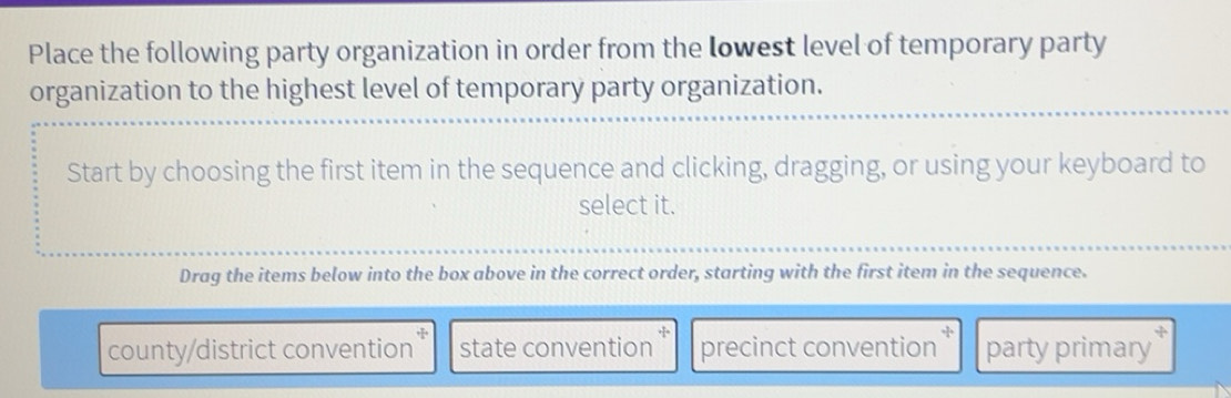Solved: Place the following party organization in order from the lowest ...