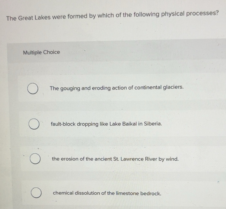 Solved: The Great Lakes were formed by which of the following physical ...