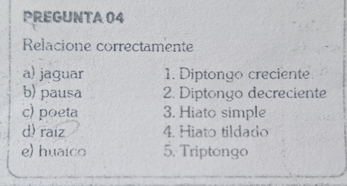 Resuelto:PREGUNTA 04 Relacione correctamente a) jaguar 1. Diptongo ...