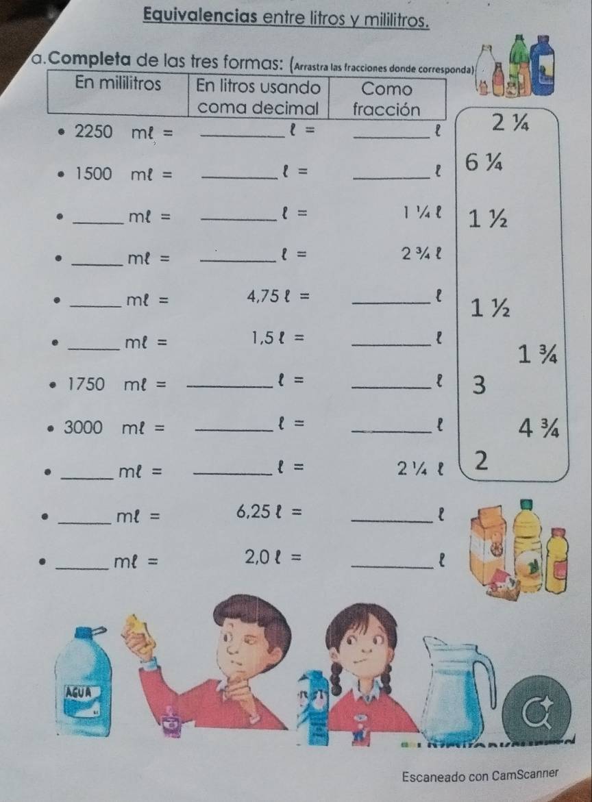 Resuelto:Equivalencias entre litros y mililitros. a.Completa de las ...
