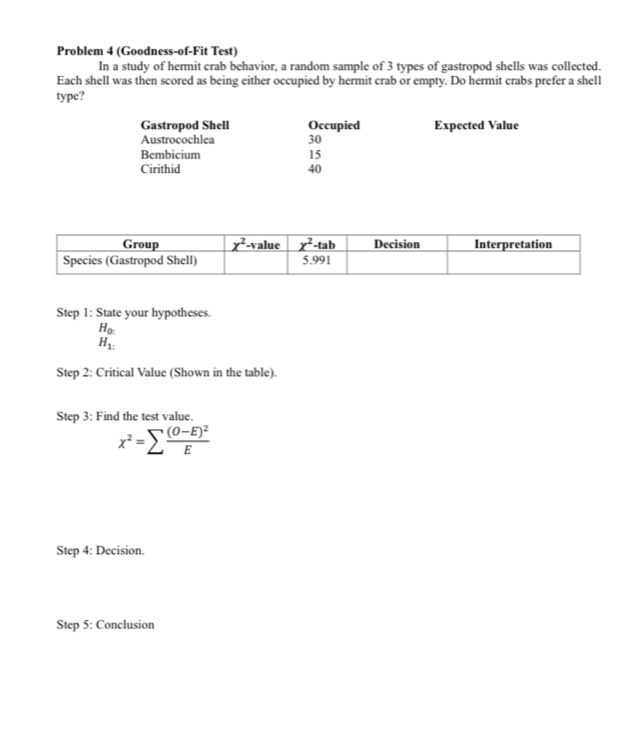 Solved: Problem 4 (Goodness-of-Fit Test) In a study of hermit crab ...