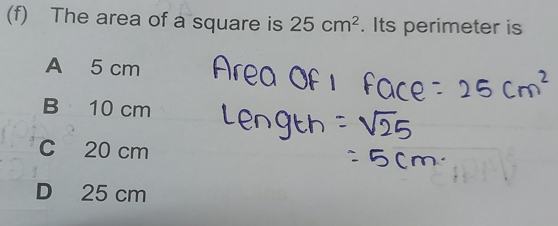 Solved: The area of a square is 25cm^2. Its perimeter is A 5 cm B 10 cm ...