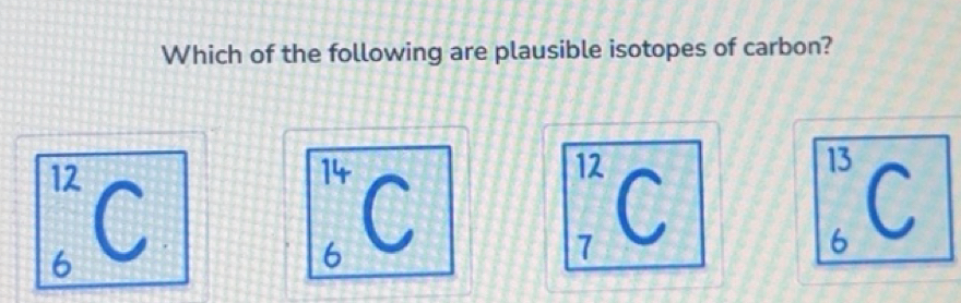 Solved: Which of the following are plausible isotopes of carbon? 12 6 C ...