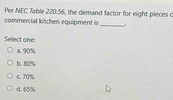 Solved: Per NEC Table 220.56, the demand factor for eight pieces c ...