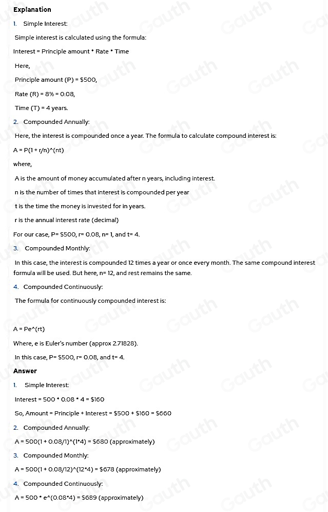 Solved: You invest $500 at an 8% annual interest rate. For each of the ...