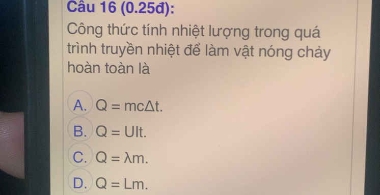 Giải quyết:(0.25đ): Công thức tính nhiệt lượng trong quá trình truyền nhiệt để làm vật nóng chảy ...