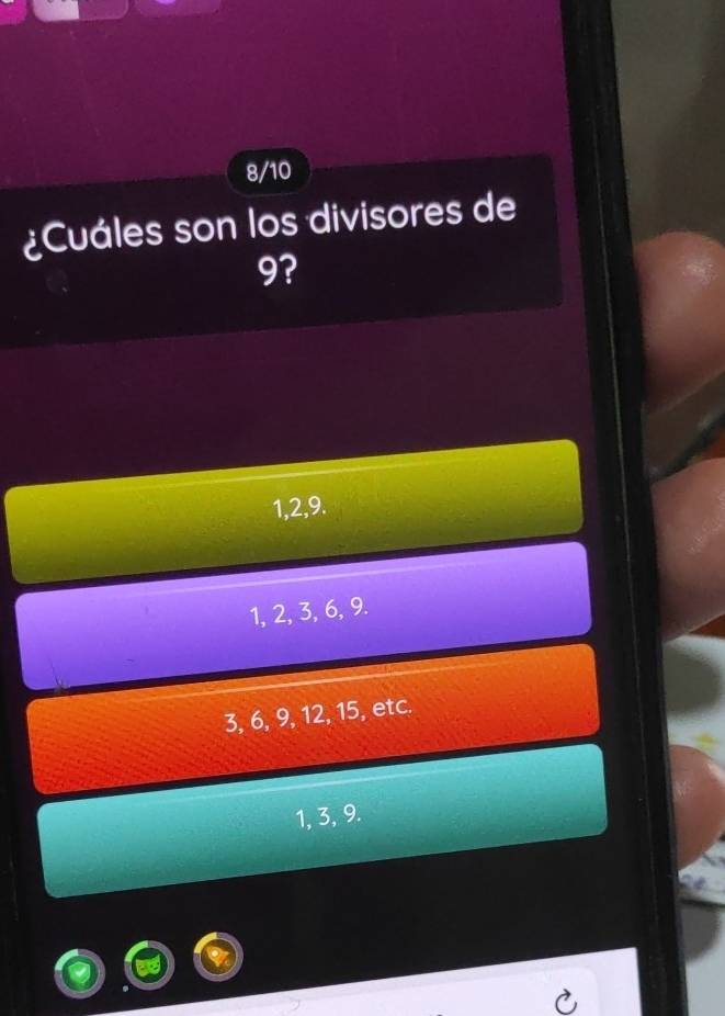 Resuelto:8/10 ¿Cuáles son los divisores de 9? 1, 2, 9. 1, 2, 3, 6, 9. 3 ...