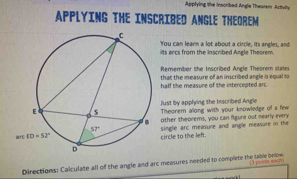 Solved: Applying the Inscribed Angle Theorem Activity APPLYING THE INSCRIBED ANGLE THEOREM You ...