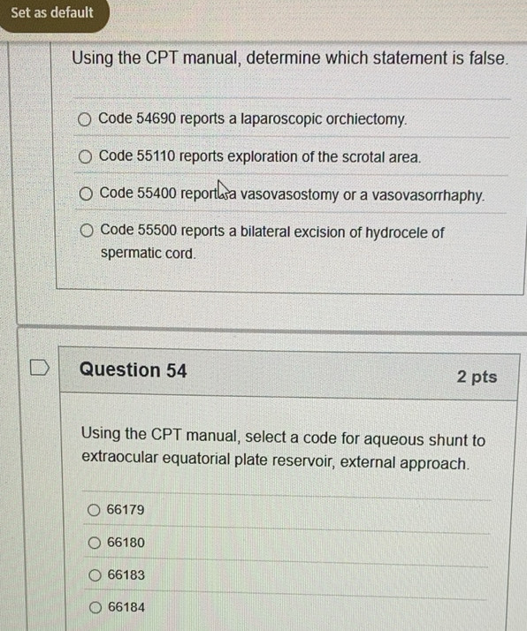Solved: Set as default Using the CPT manual, determine which statement is false. Code 54690 ...