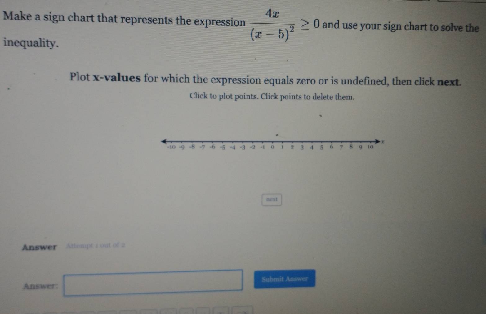 Solved: Make a sign chart that represents the expression frac 4x(x-5)^2 ...