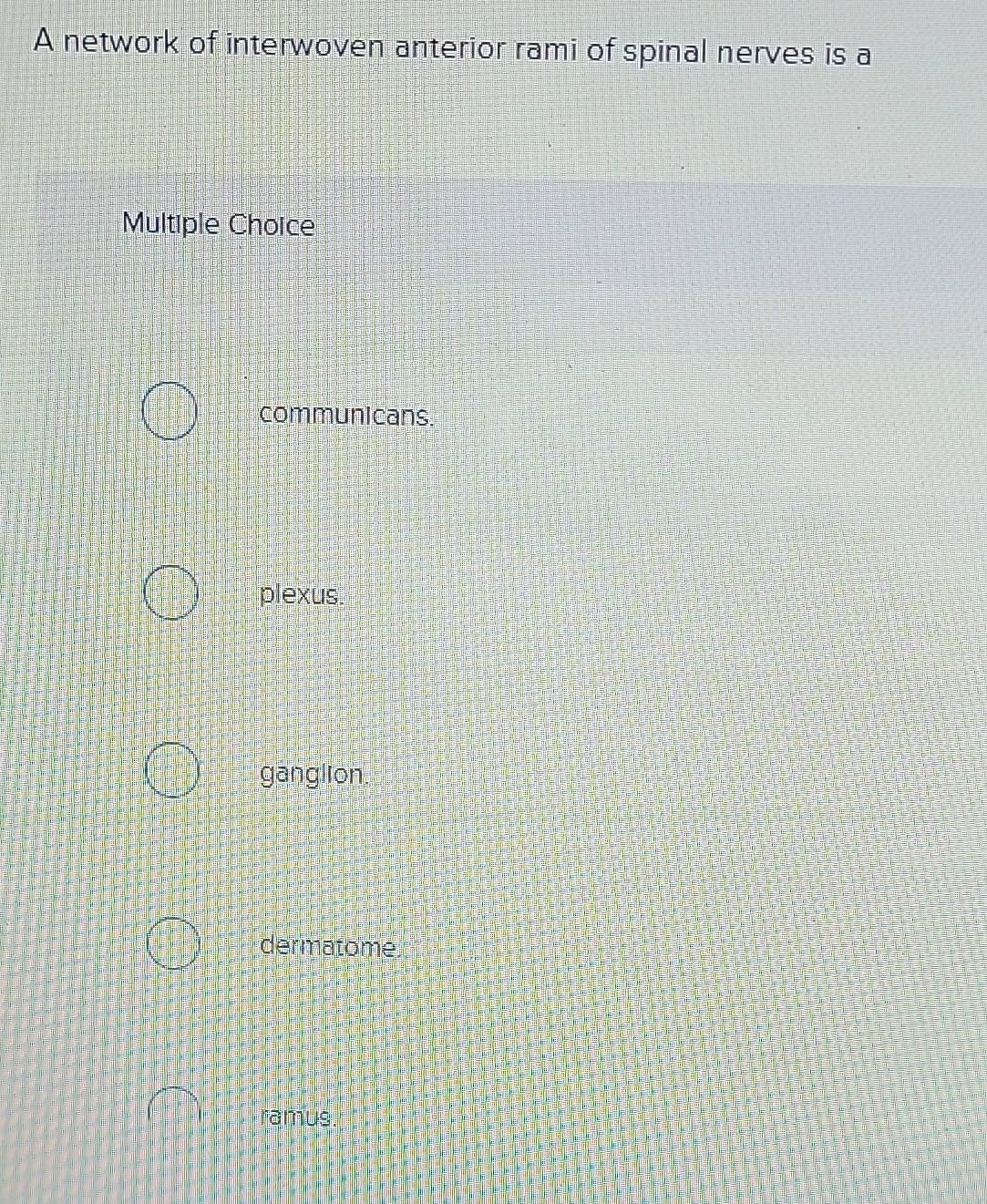 Solved: A network of interwoven anterior rami of spinal nerves is a ...